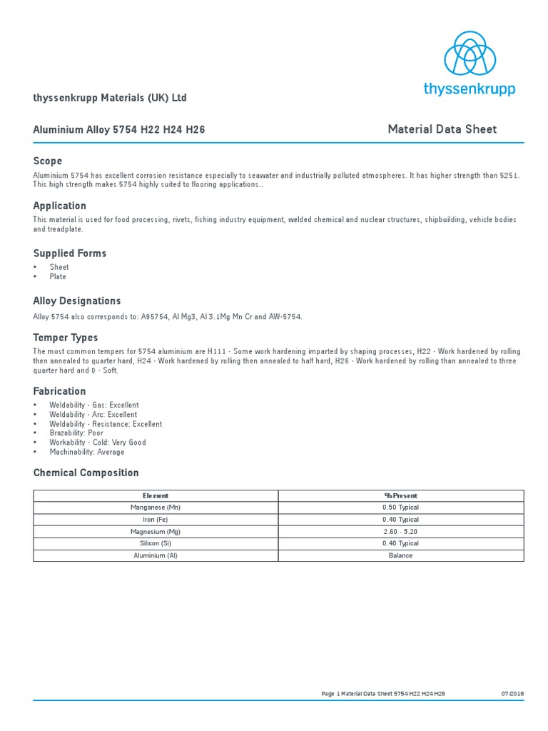 Thyssenkrupp Materials (UK) LTD Aluminium Alloy 5754 H22 H24 H26 | PDF ...