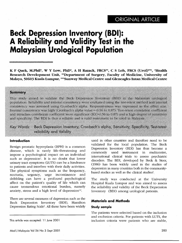 Beck Depression Inventory (BDI) - A Reliability and Validity Test in ...