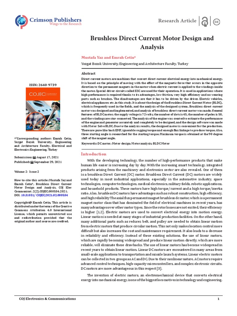 Brushless Direct Current Motor Design and Analysis | PDF | Electric ...