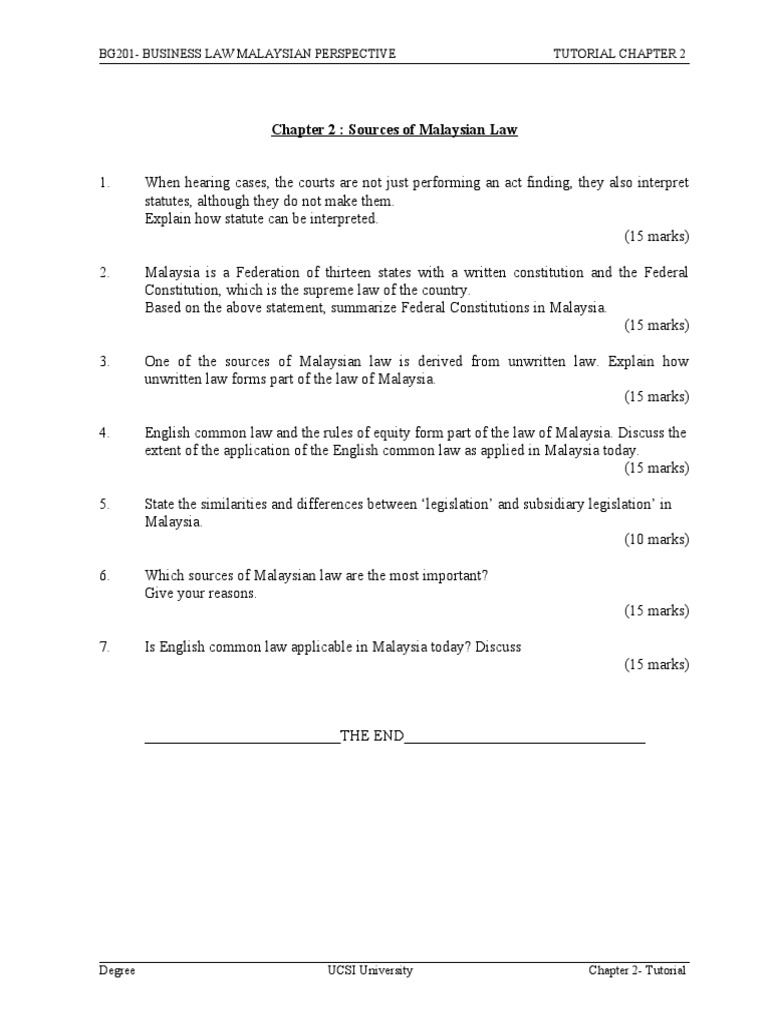Tutorial-Chapter 2 - Sources of Malaysian Law | PDF | Statutory ...