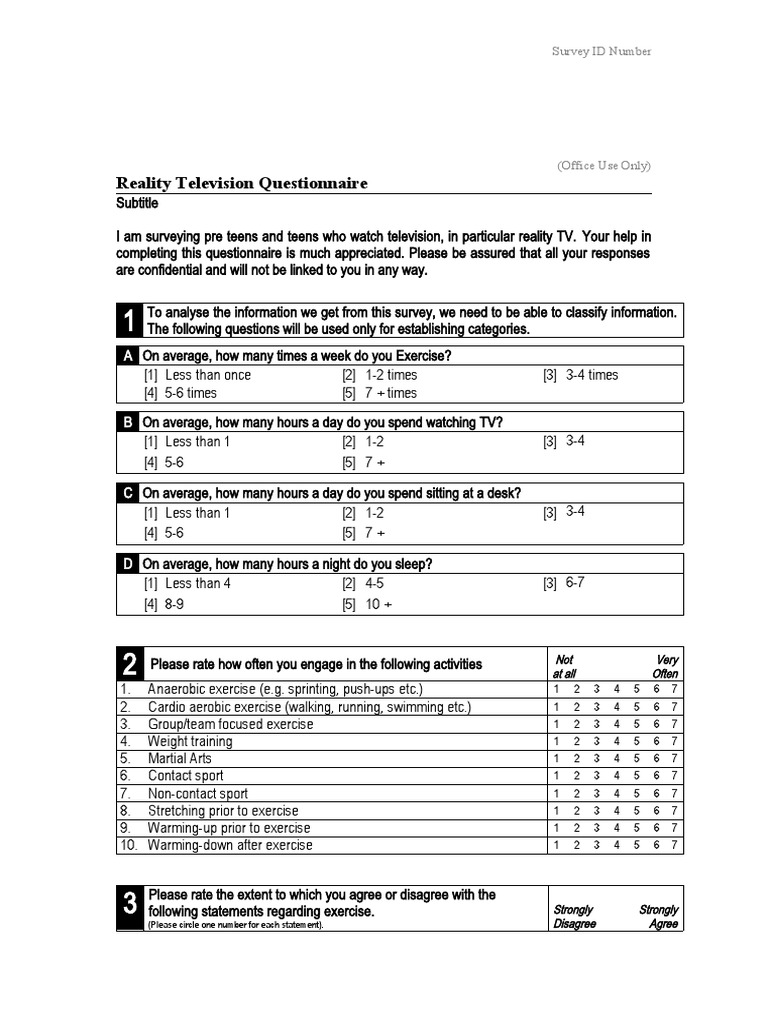 Reality Television Questionnaire: Survey ID Number | PDF | Pain
