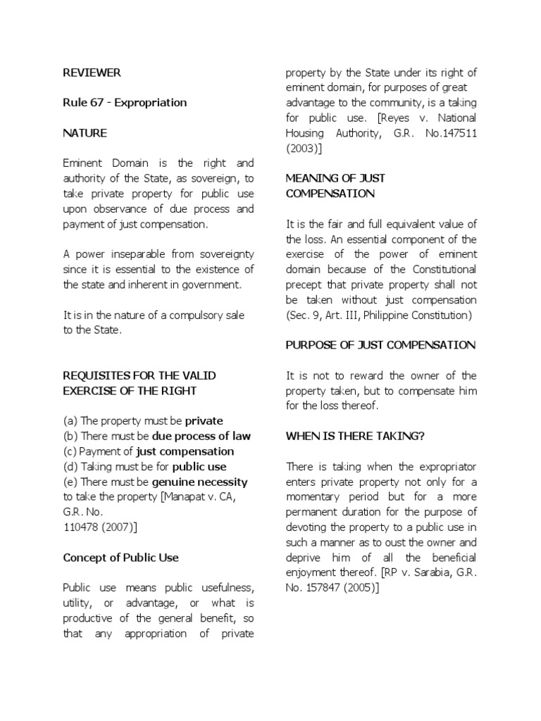 Reviewer Rule 67 Expropriation | PDF | Eminent Domain | Complaint