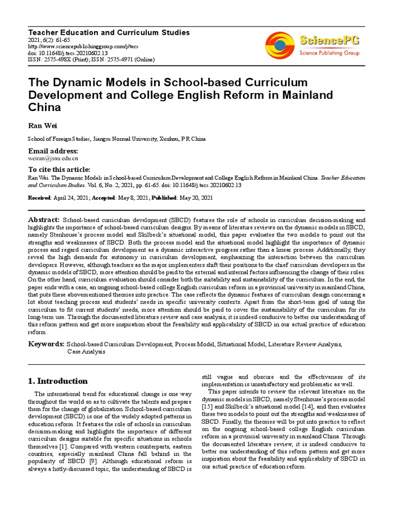 The Dynamic Models in School-Based Curriculum Development and College ...