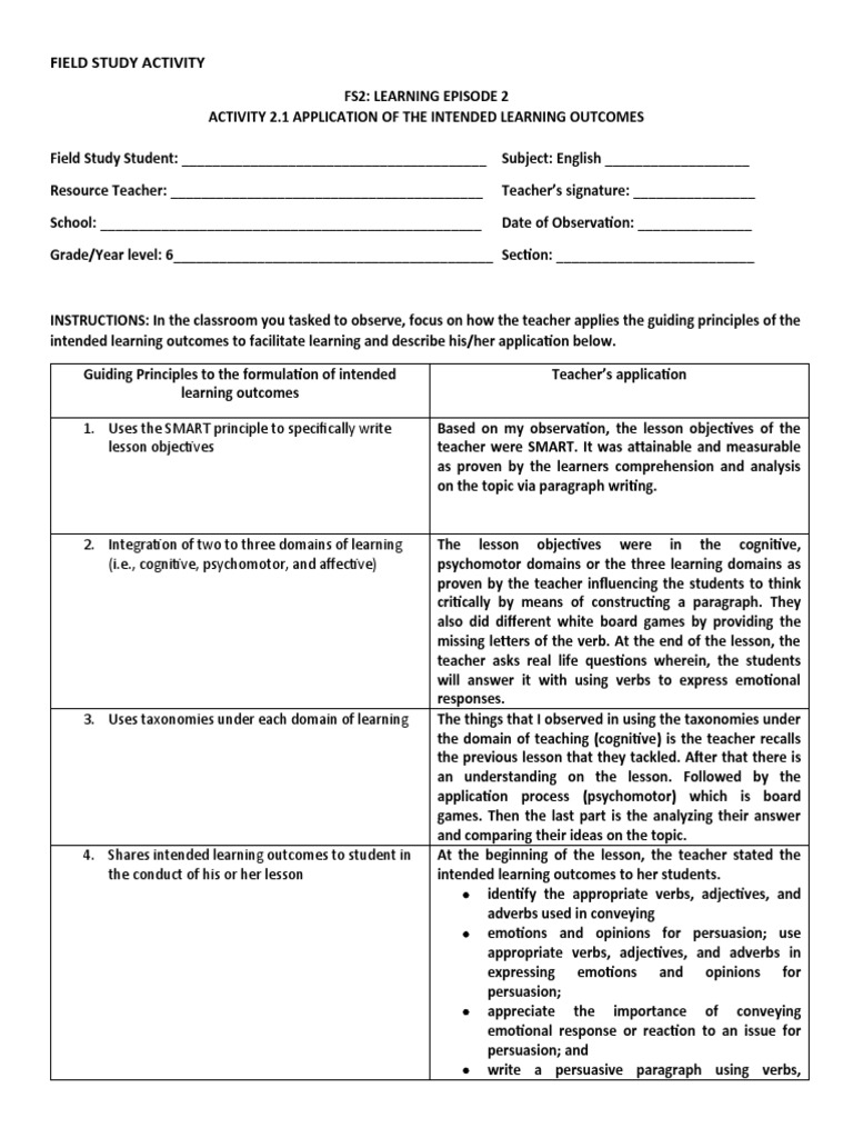 Classroom Observation: Learning Outcomes Analysis | PDF | Teachers ...