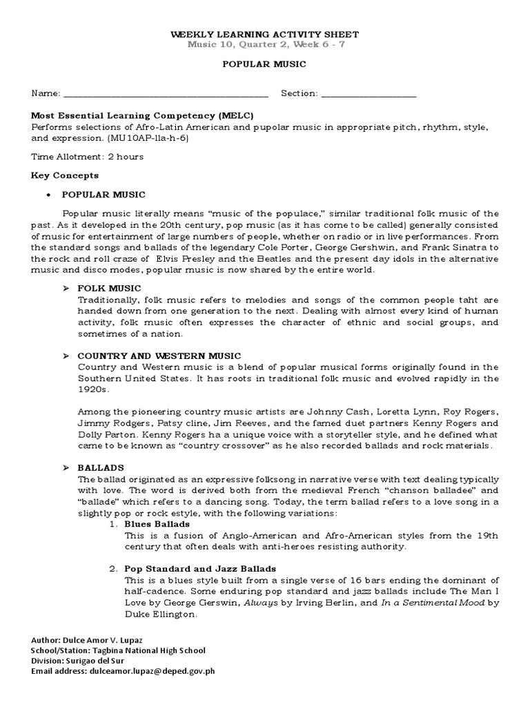 Weekly Learning Activity Sheet: Music 10, Quarter 2, Week 6 - 7 | PDF ...