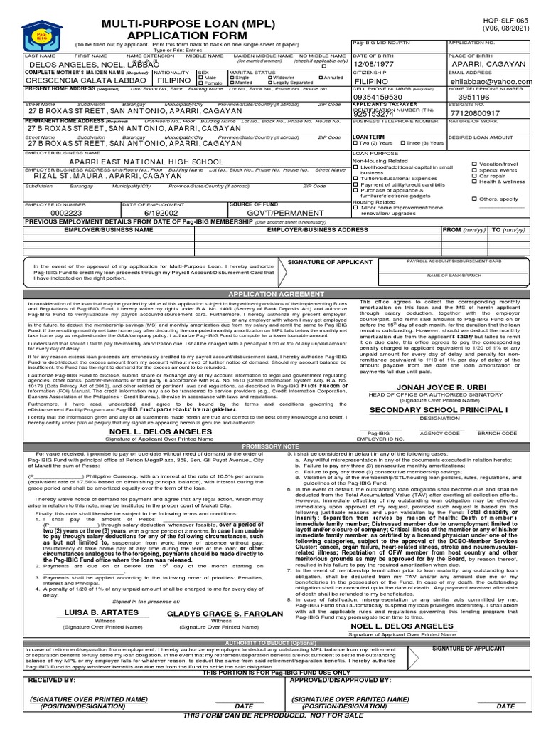 Multi-Purpose Loan (MPL) Application Form: Jonah Joyce R. Urbi | PDF ...