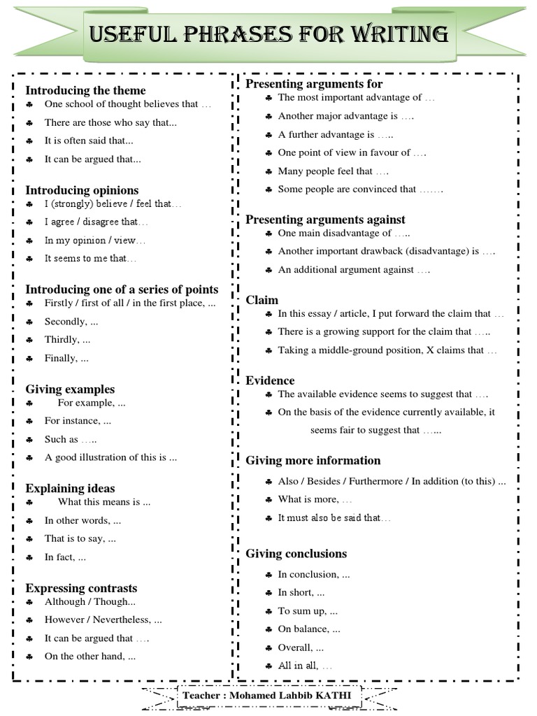 Useful Phrases For Essay Writing | PDF | Argument | Essays