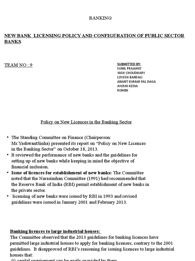 Banking: New Bank Licensing Policy and Configuration of Public Sector ...