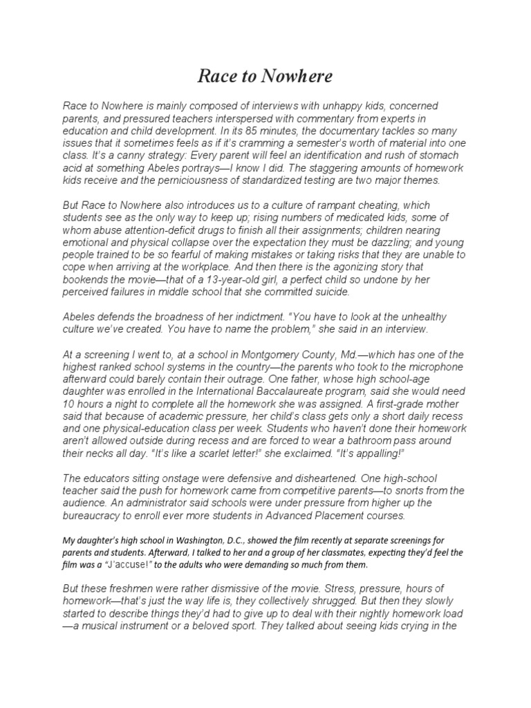Race To Nowhere: J'accuse! | PDF | Homework | No Child Left Behind Act