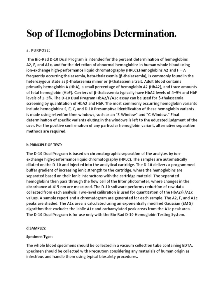 Sop For Hemoglobin Determination by HPLC | PDF | Glycated Hemoglobin ...