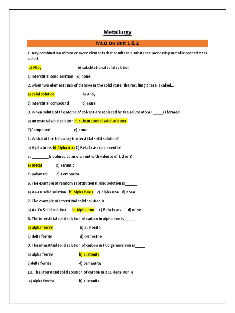 Metallurgy MCQ On Chp1&2 | PDF | Steel | Alloy