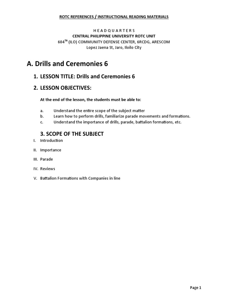 LESSON TITLE: Drills and Ceremonies 6 2. Lesson Objectives | PDF ...