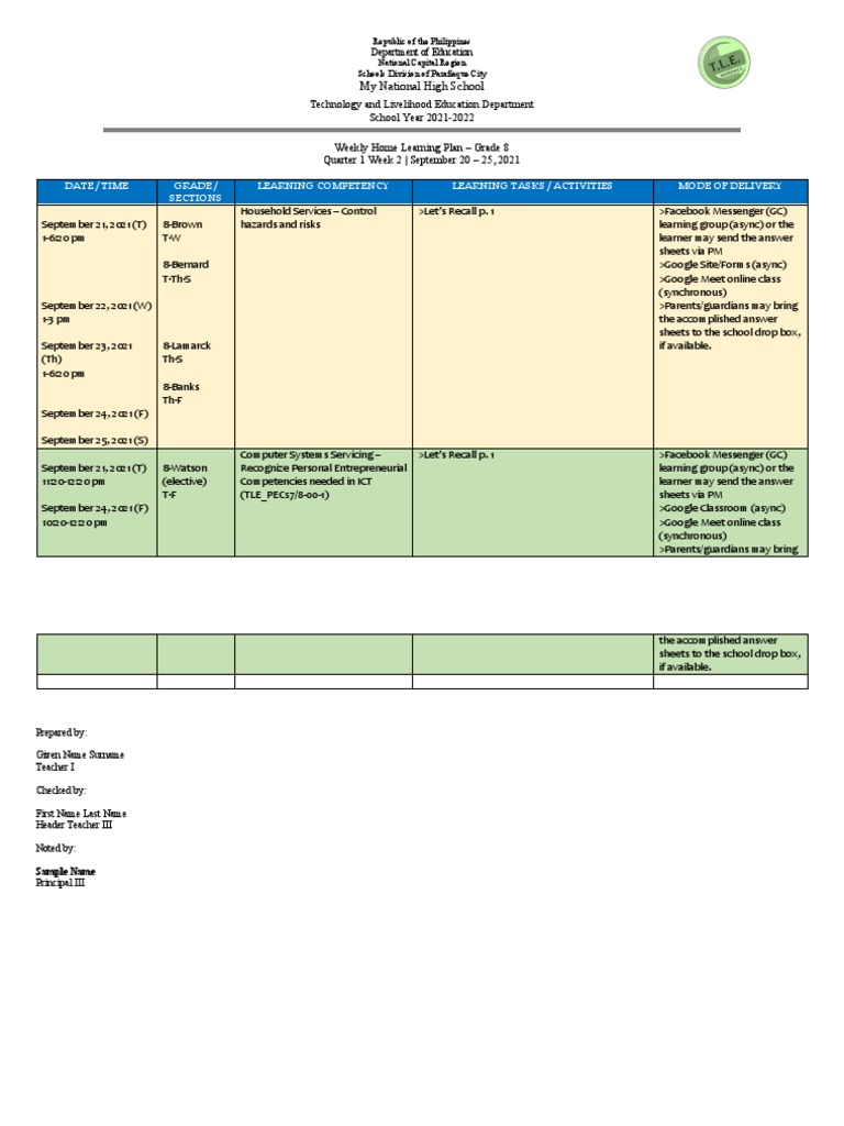 Weekly Home Learning Plan Template Guide For Teachers | PDF ...