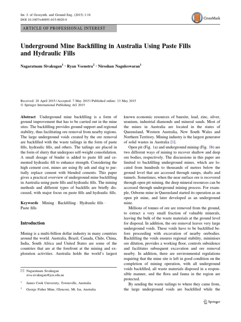 Underground Mine Backfilling in Australia Using Paste Fills and ...