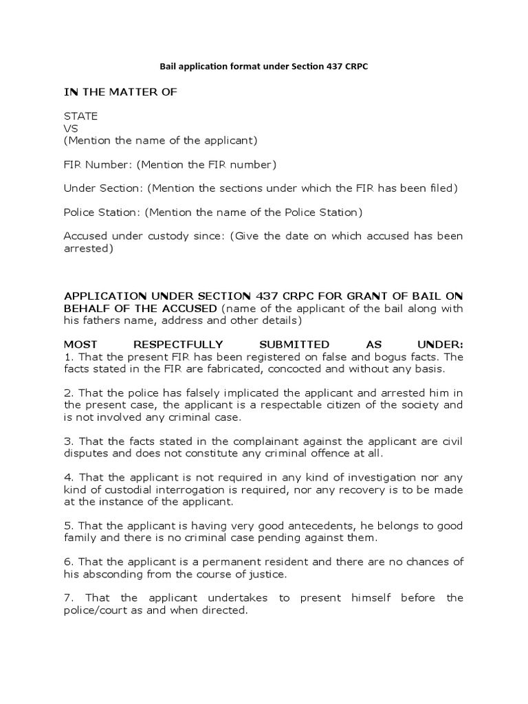 Bail Application Format Under Section 437 CRPC | PDF | Bail | Public Sphere