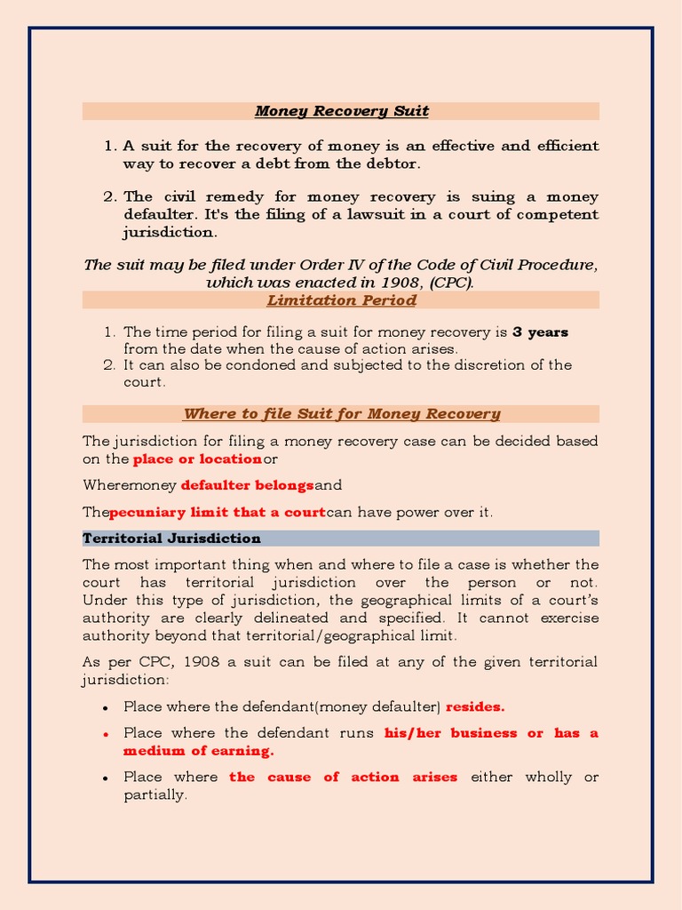 Money Recovery Suit | PDF | Lawsuit | Bankruptcy
