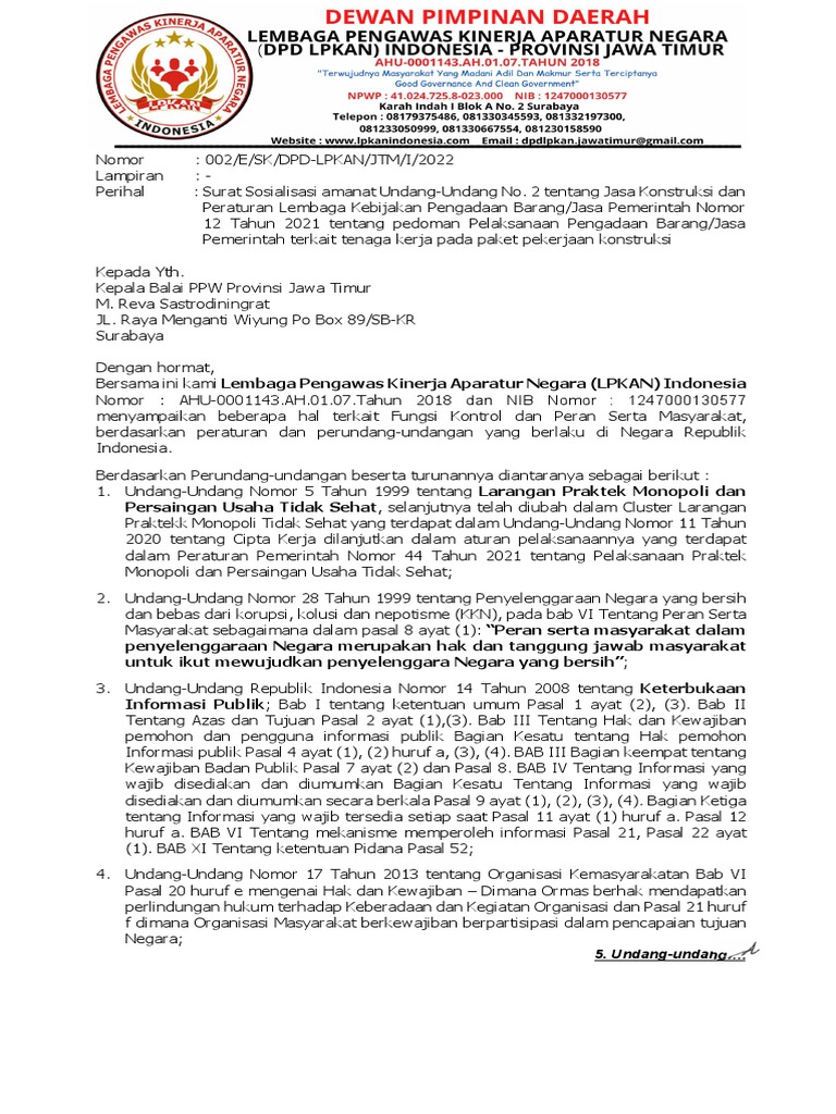 002-E-SK-DPD LPKAN - JTM - I - 2022 Sosialisasi UU NO. 2 TTG Tenaga Kerja Balai PPW | PDF | Ilmu ...