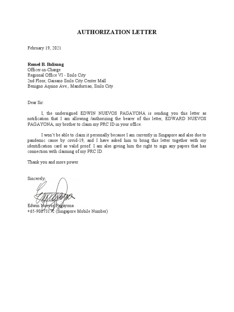 Authorization Letter PRC | PDF