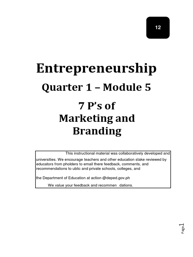 Entrepreneurship: Quarter 1 - Module 5 7 P's of Marketing and Branding ...
