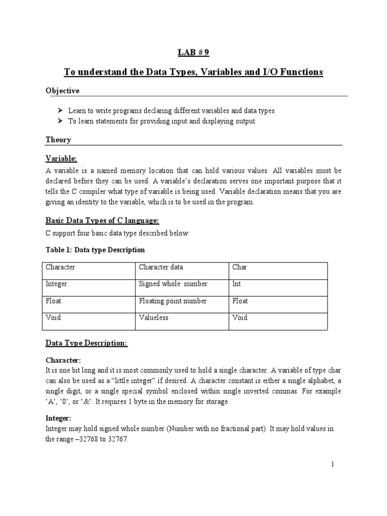To Understand The Data Types Variables And I O Functions Objective Pdf Data Type