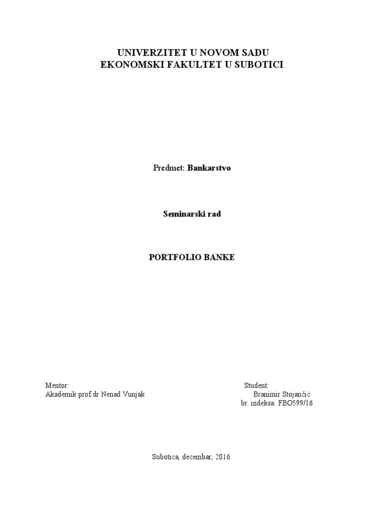 Bankarstvo Portfolio Banke | PDF