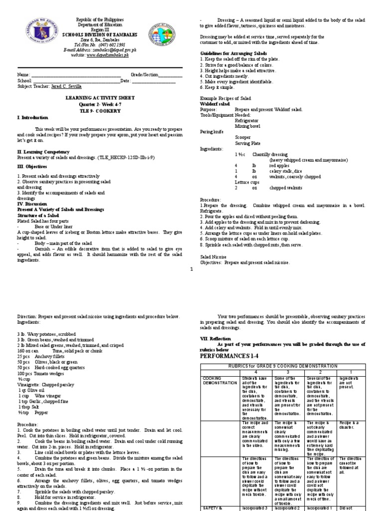Grade 9 Cookery LAS Week 4 - 7 2nd Quarter | PDF | Salad | Foods