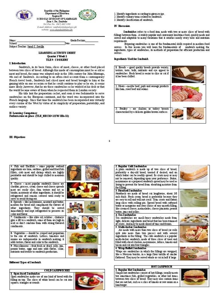 Grade 9 Cookery LAS Week 1 3rd Quarter | PDF | Sandwich | Fruit Preserves