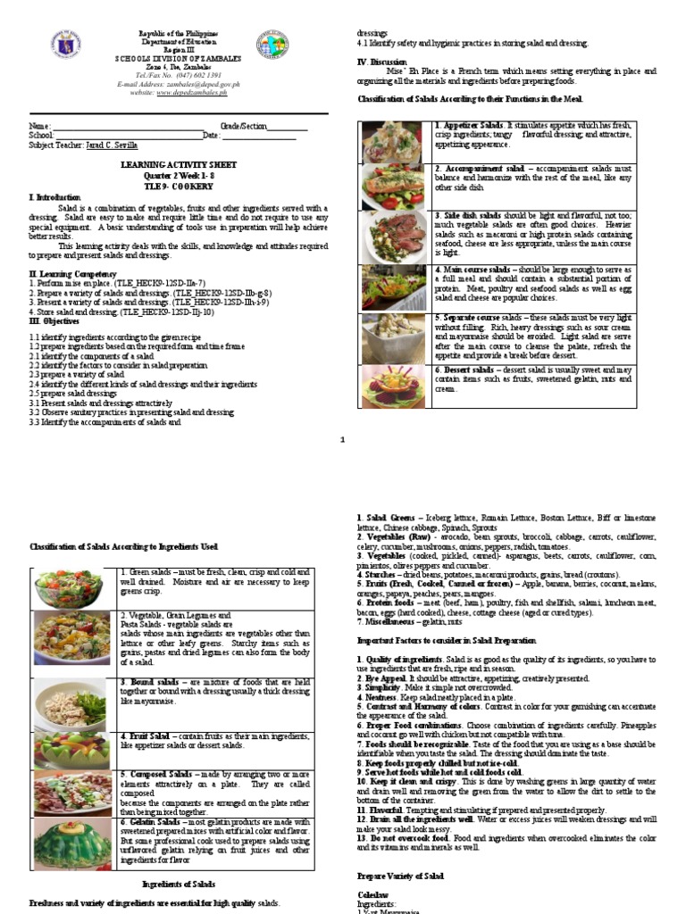 Grade 9 Cookery LAS Week 1-8 2nd Quarter | PDF | Salad | Mayonnaise