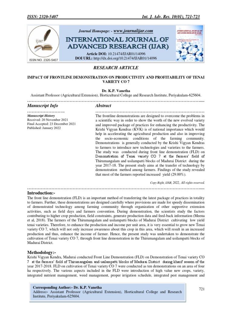 Impact of Frontline Demonstration On Productivity and Profitability of ...