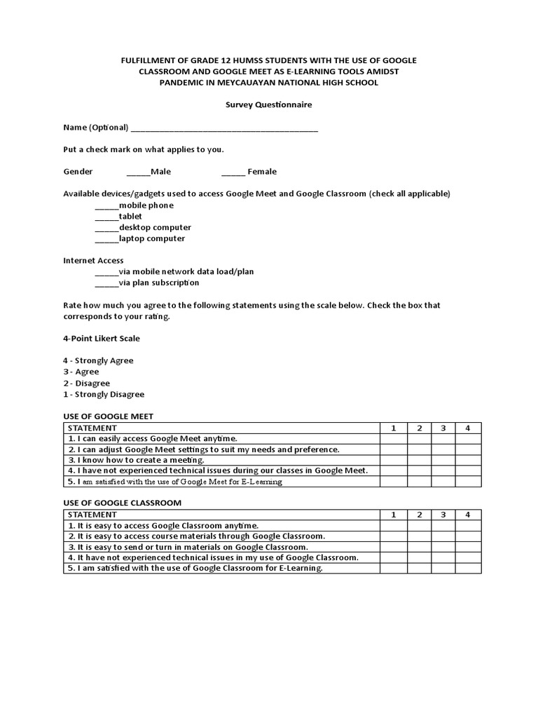 Survey Questionnaire On The Fulfillment of Grade 12 Humss Students With ...