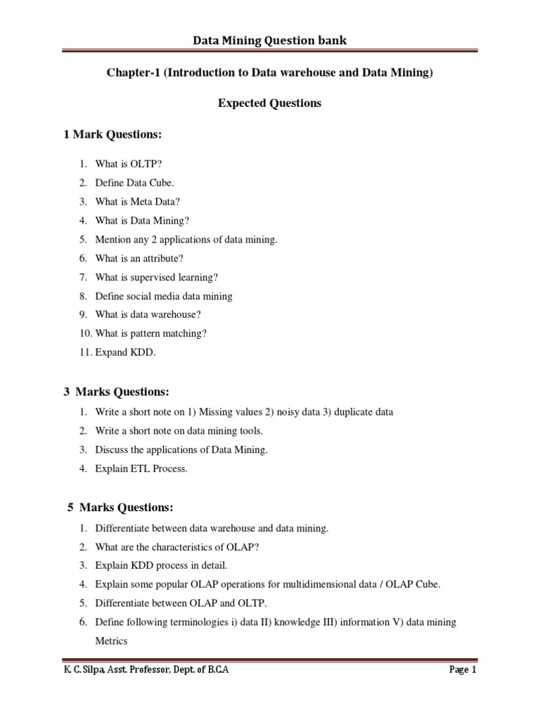 Data Mining Question Bank Chapter-1 (Introduction To Data Warehouse and Data Mining) Expected ...