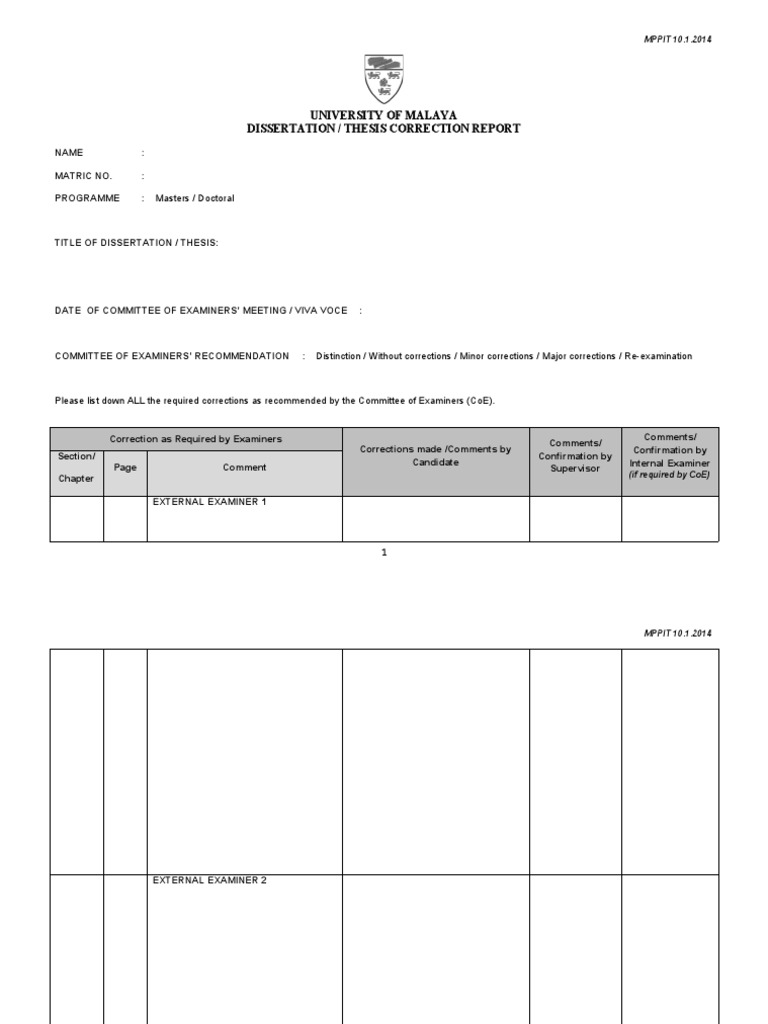 IPS UM 161115 - Thesis or Dissertation Correction Report Form | PDF | Thesis | Educational Stages