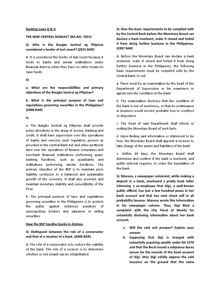Banking Laws Bar Qs Compiled | PDF | Banks | Bankruptcy