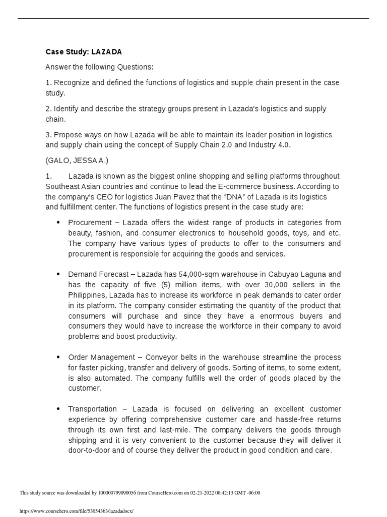 Case Study: LAZADA | PDF | Logistics | Warehouse