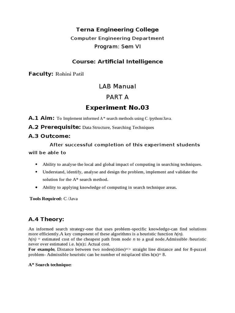 A Search Lab Manual Experiment On Implementing A Algorithm In Python