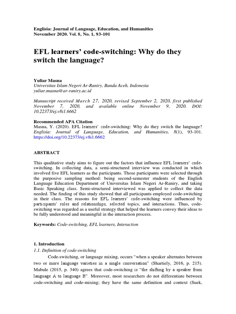 EFL Learners' Code-Switching: Why Do They Switch The Language? | PDF ...