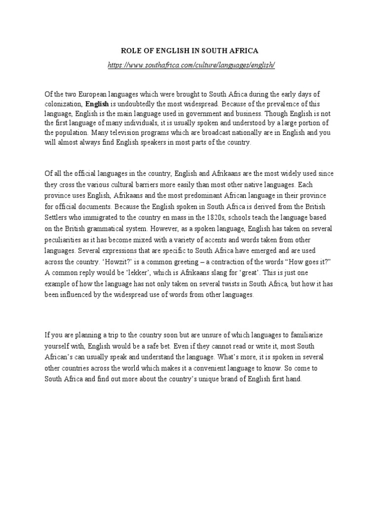 Role of English in South Africa | PDF | English Language | South Africa