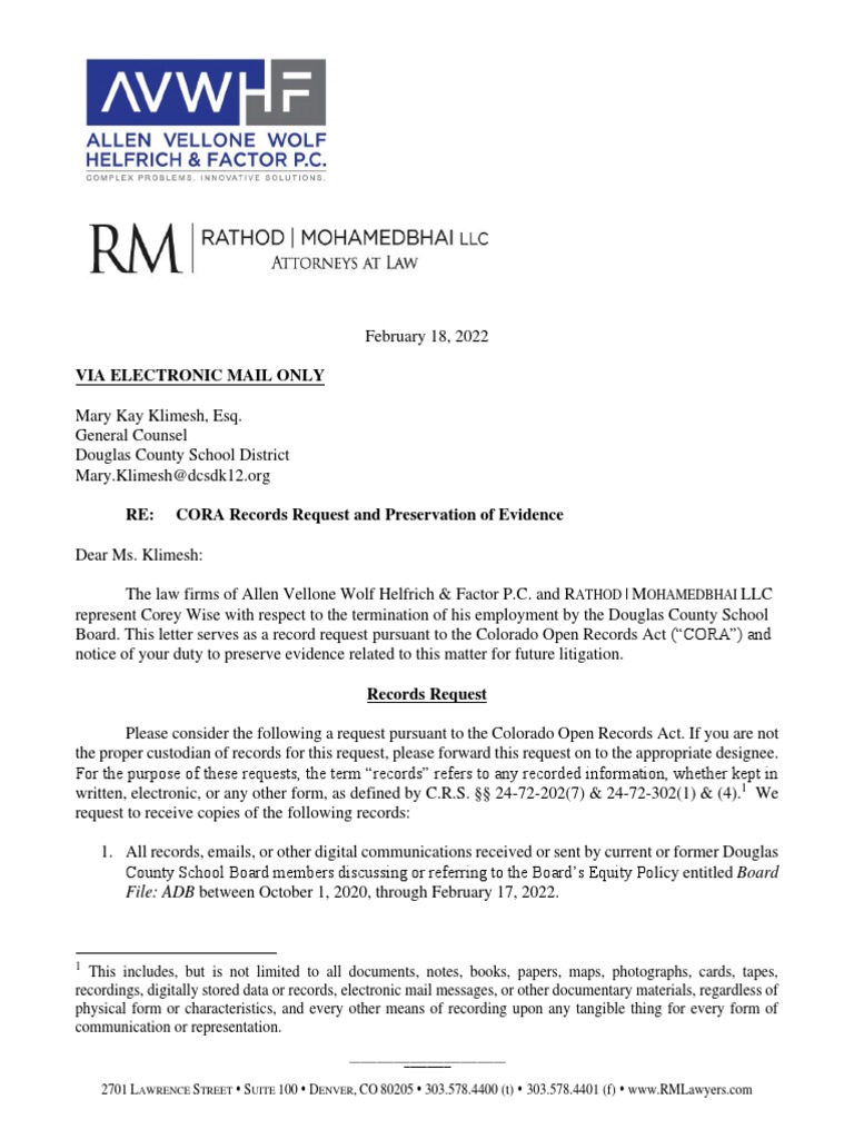 Corey Wise/Douglas County School District CORA Request and Preservation ...
