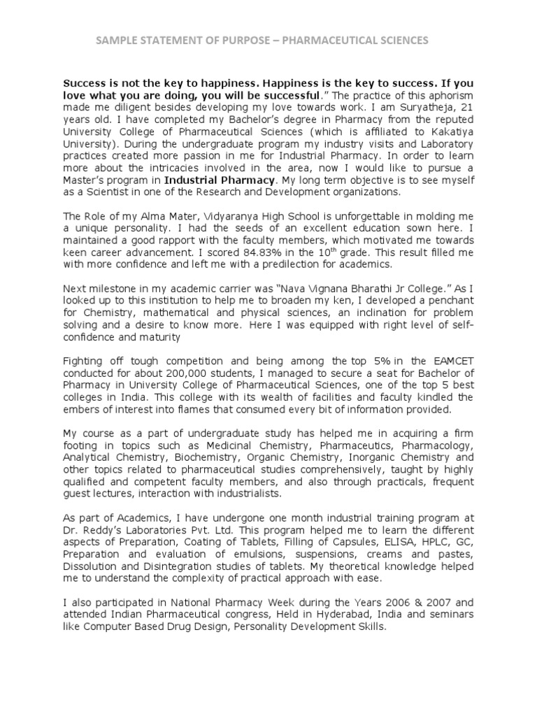Sample Statement of Purpose - Pharmaceutical Sciences | PDF ...