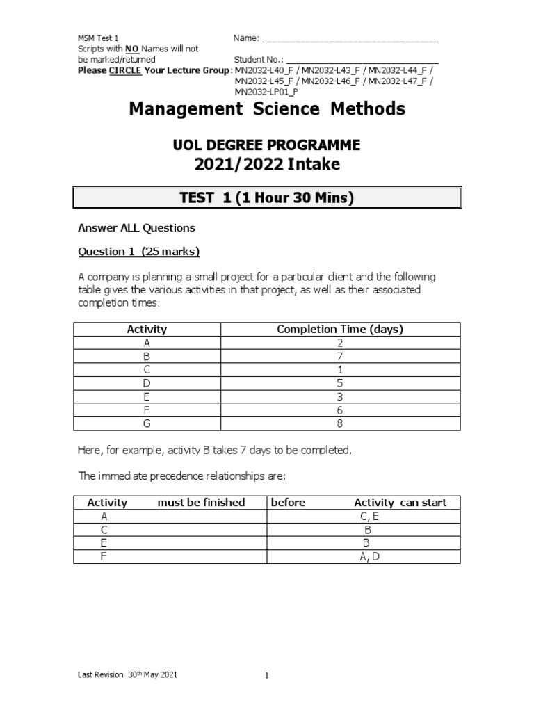 Management Science Methods: 2021/2022 Intake | PDF | Mathematical And ...