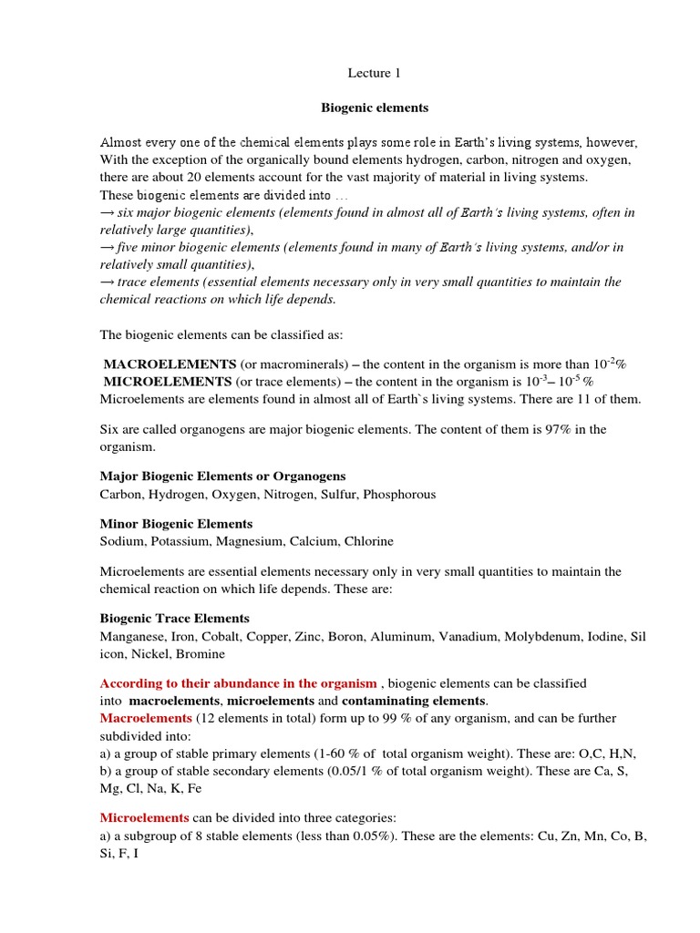 Biogenic Elements: Relatively Large Quantities), Relatively Small ...