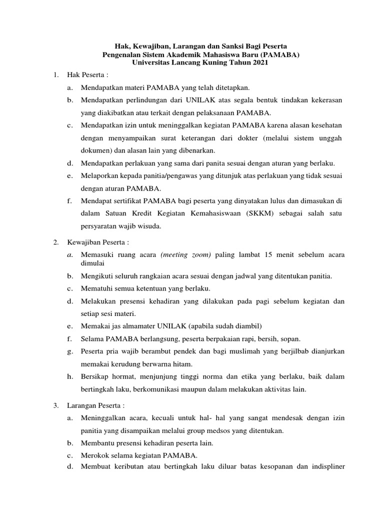 Hak dan Kewajiban Peserta PAMABA UNILAK | PDF | Karier & Perkembangan