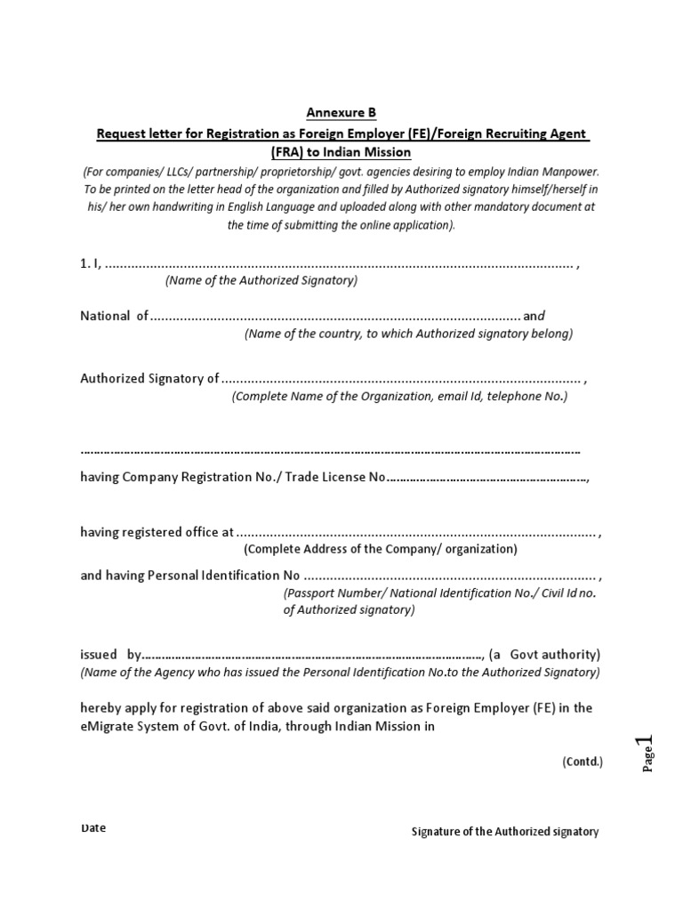 Annexure B Request Letter For Registration As Foreign Employer (FE ...