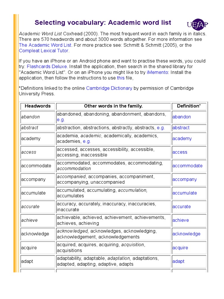 Academic Vocabulary Practice: An Annotated List of 570 Headwords from ...
