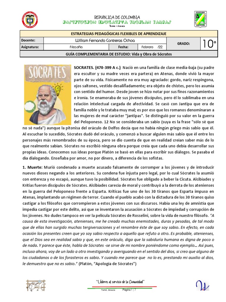 Guía Grado 10° Complementaria de Sócrates | PDF | Sócrates | Metafilosofía