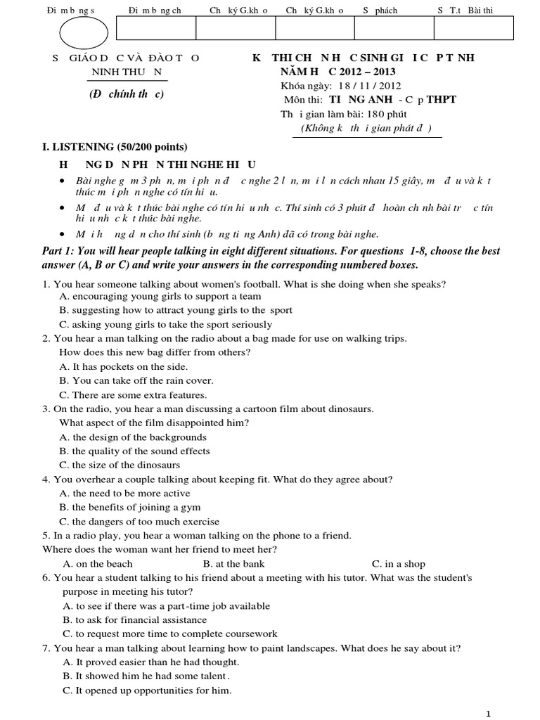 Dethi HSG L12 NinhThuan 2012 2013 TiengAnh | PDF | Business Class | Extinction
