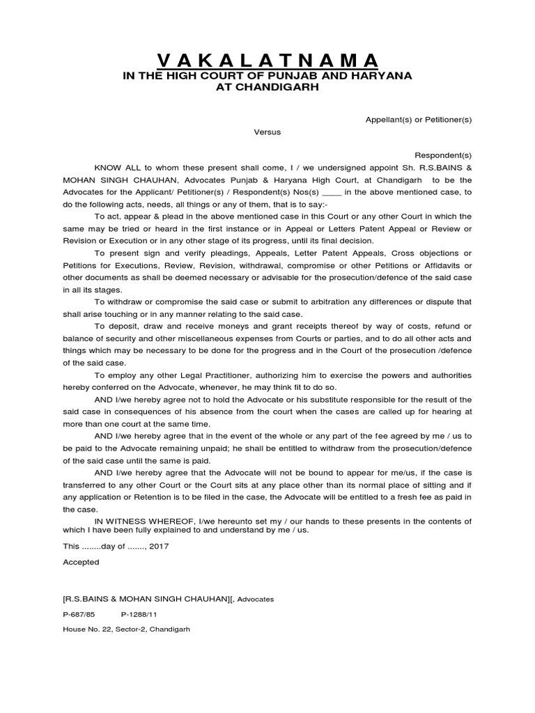 Vakalatnama for Punjab and Haryana High Court | PDF | Appeal | Advocate