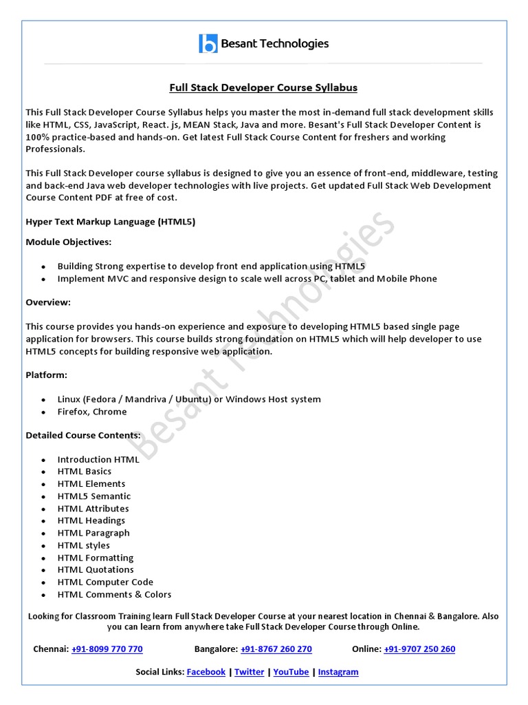 Full Stack Developer Course Syllabus Hyper Text Markup Language Html5 Module Objectives Pdf