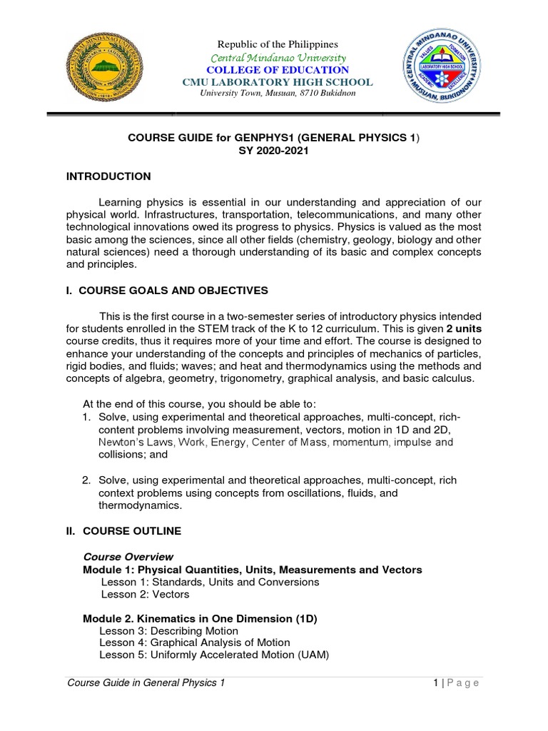 Course Guide - General Physics 1 SY 2020-2021 | PDF | Force | Momentum