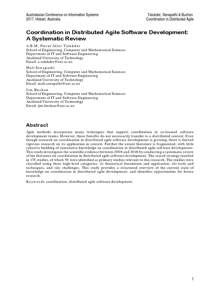 Coordination in Distributed Agile Software Development: A Systematic Review | PDF | Agile ...